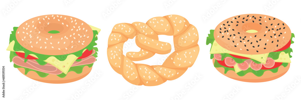 Set of delicious bagels and pretzels in cartoon style. Vector ...