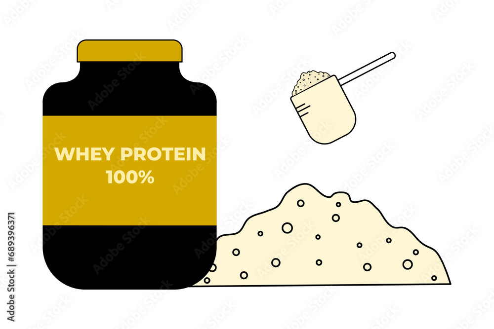 Portion of whey protein powder and bottle isolated on white background. Simple cartoon flat ...