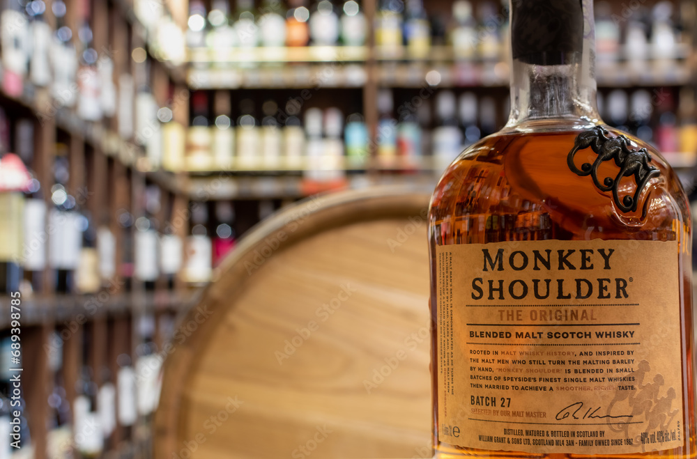 Bottle of blended malt scotch whisky Monkey Shoulder The Original close ...