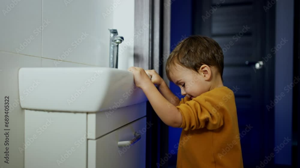 Adorable smiling toddler stands holding by the sink in the bathroom ...
