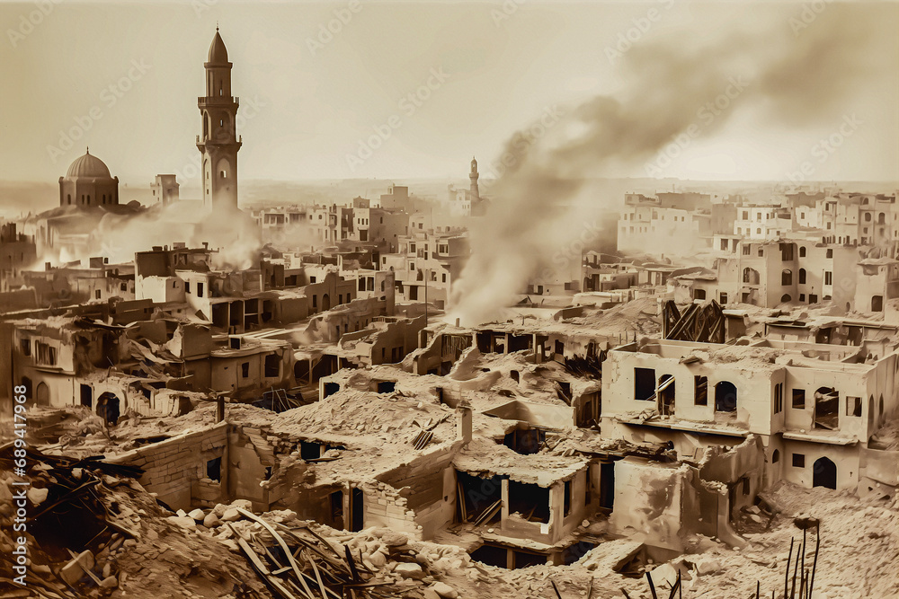 Rubble and ruins of a war-torn Middle East city and its mosque Stock ...