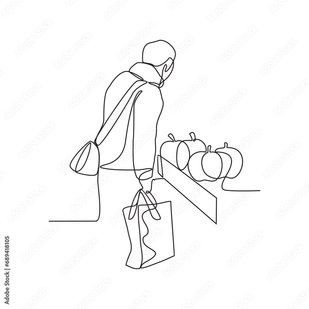 One continuous line drawing of shopping activities in supermarkets by ...