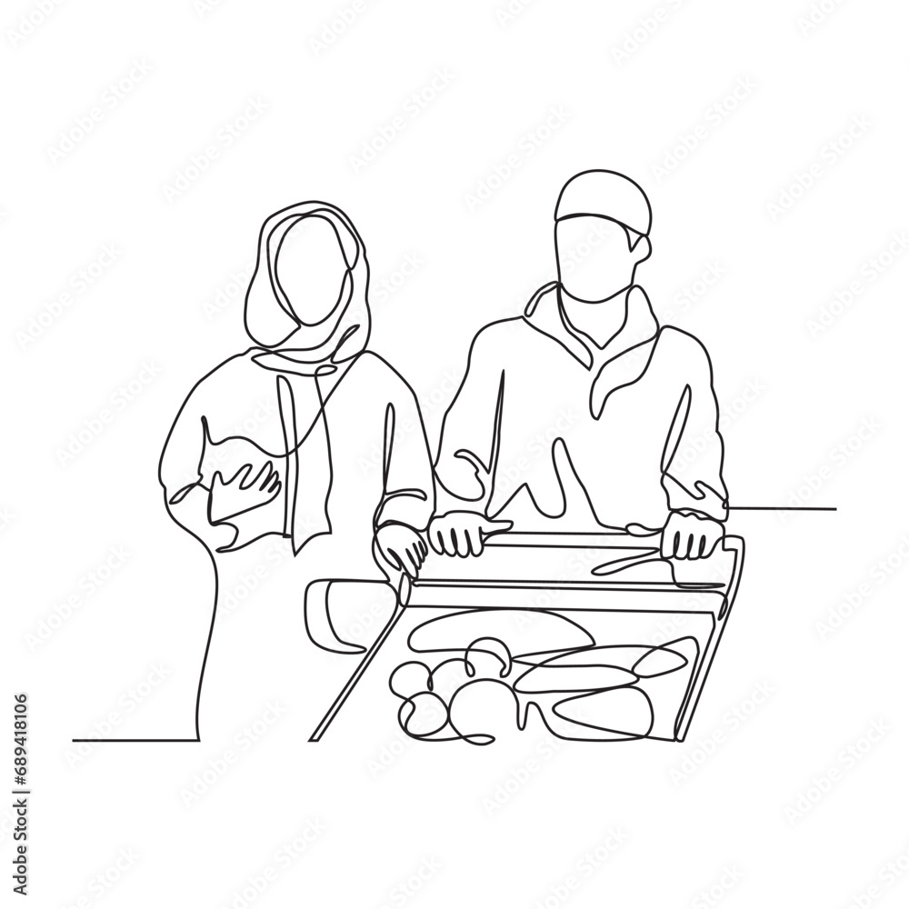 One continuous line drawing of shopping activities in supermarkets by ...