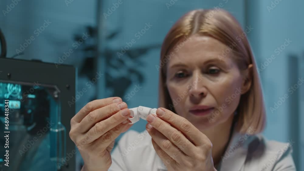 Female prosthetic creator thoroughly looking over new prototype of ...