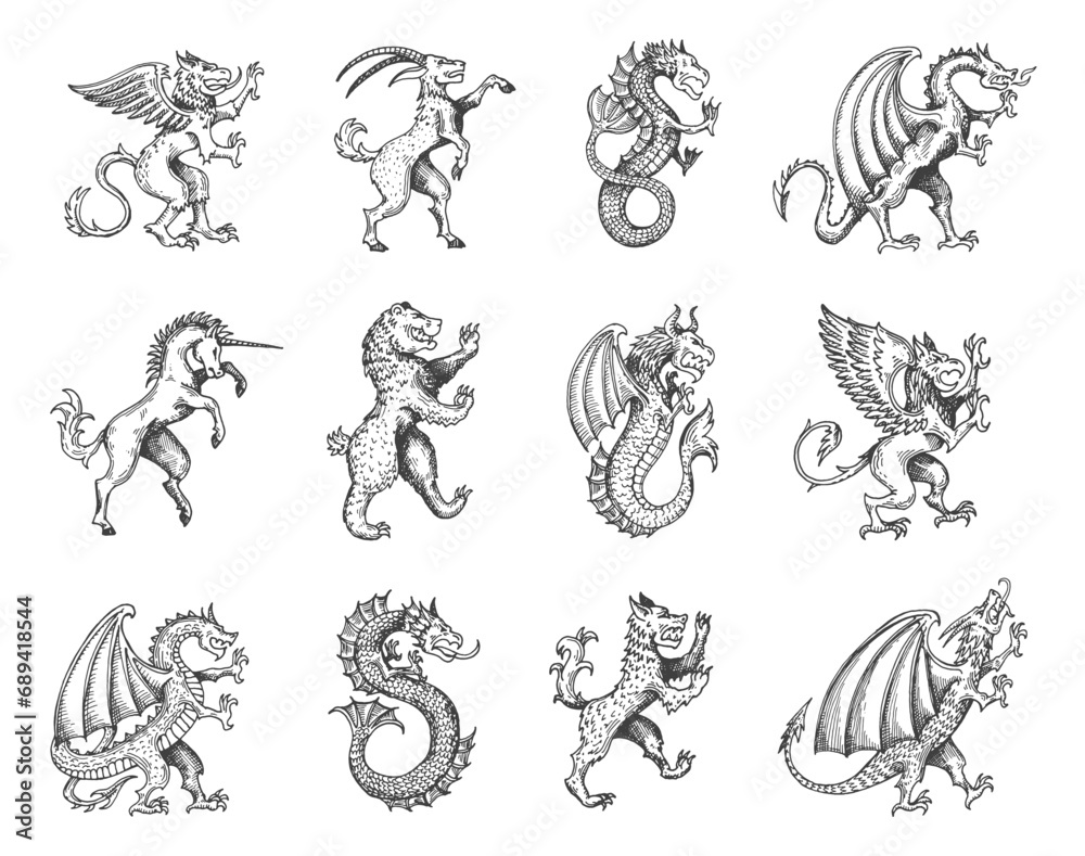 Medieval heraldic animals and monsters, vintage heraldry or tattoo sketch vector creatures ...