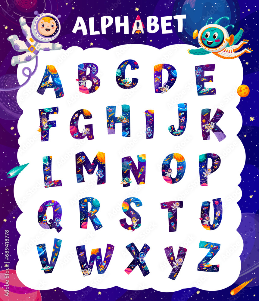 Photo Cartoon space alphabet, galaxy font, cartoon universe typeface ...