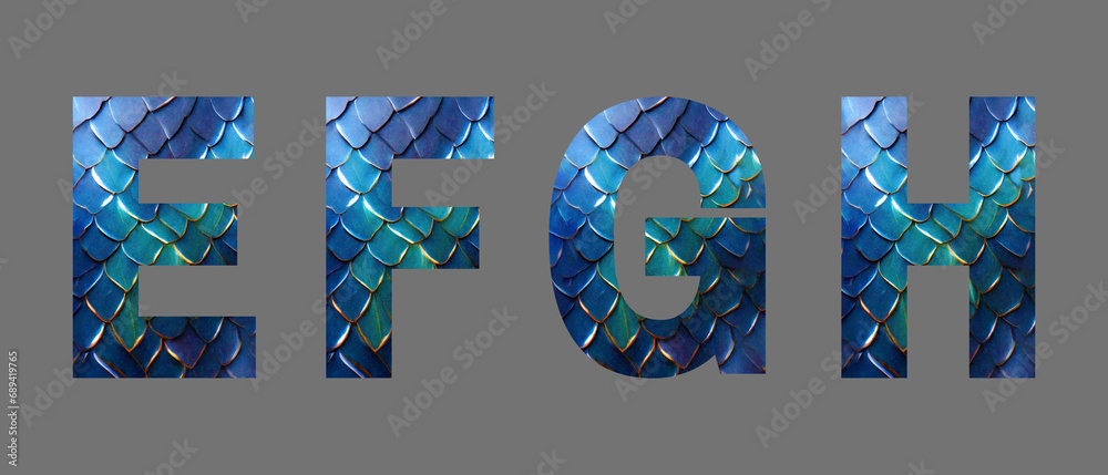 Isolated letters with reptile dragon scales pattern in blue, green and ...