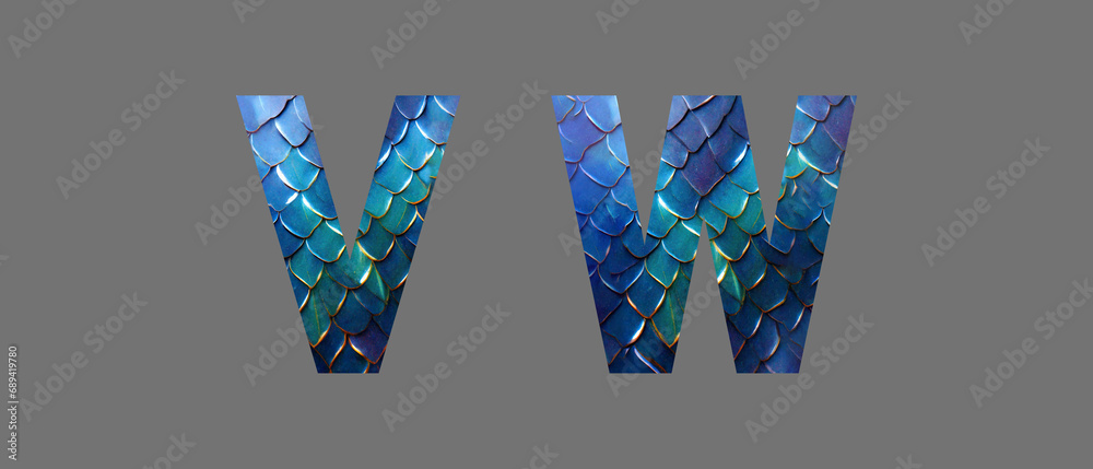 Isolated letters with reptile dragon scales pattern in blue, green and ...