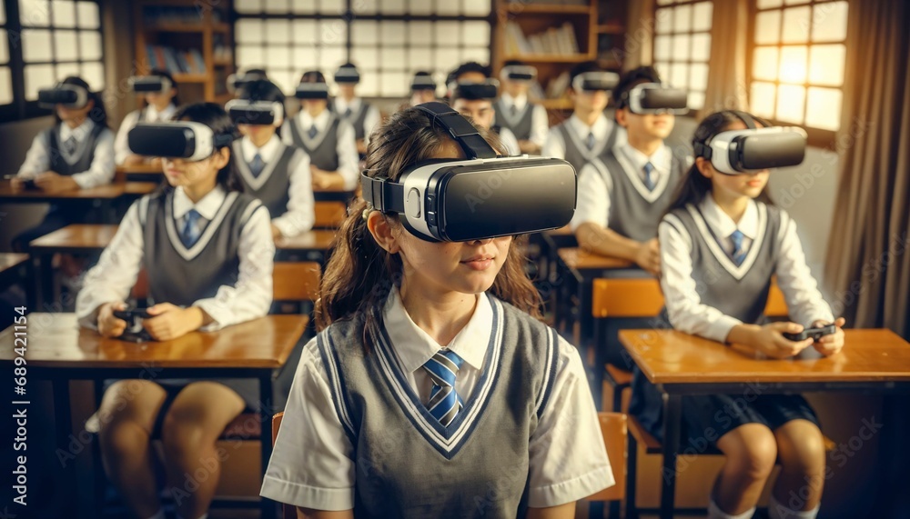 Elementary school kids using VR glasses in class - immersive technology ...
