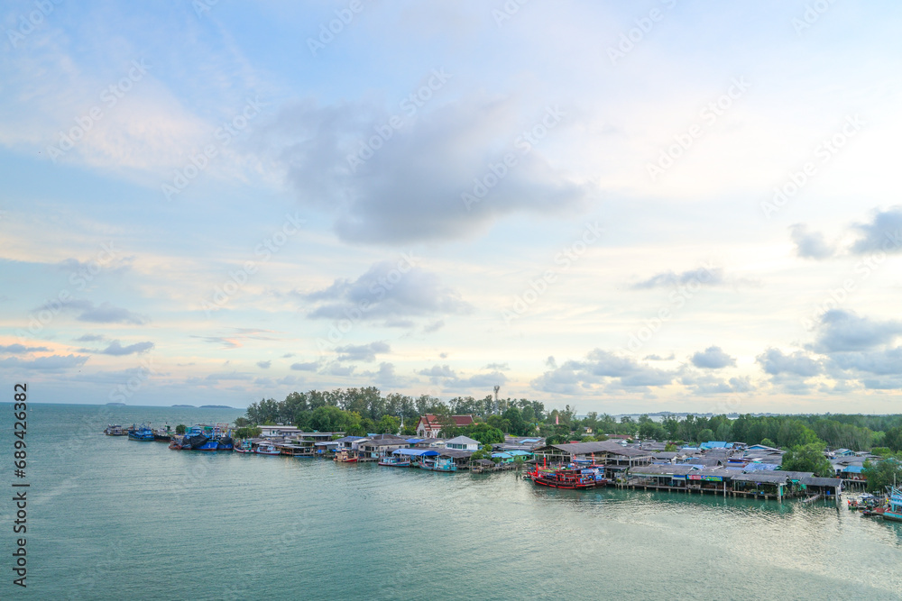 the panorama view landscape of Sea Gulf with a pier of boats. The ...