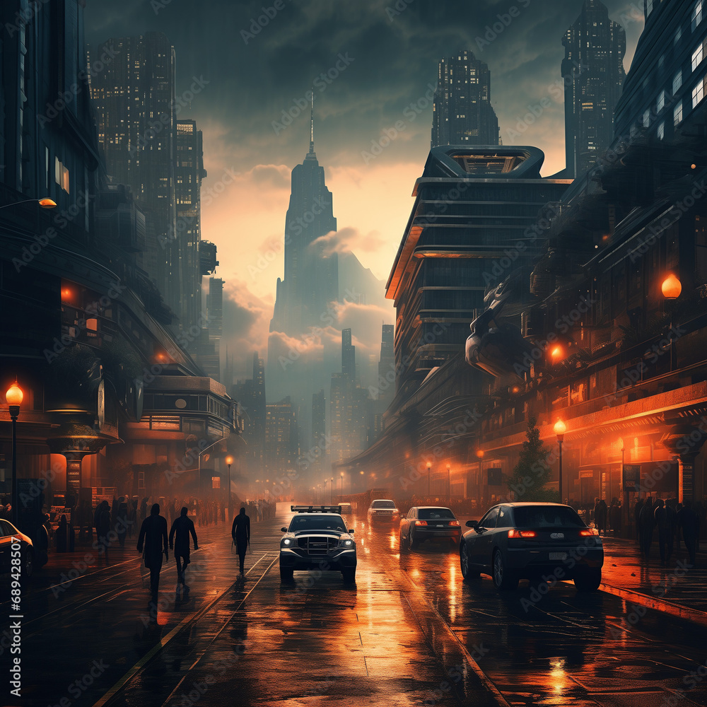 A dystopian cityscape with towering skyscrapers and flying vehicles ...