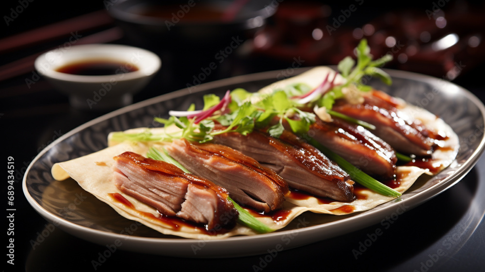 Peking duck dish, with crispy skin and juicy meat. Served on a thin ...