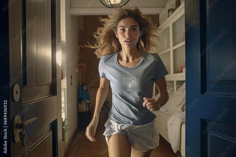 Fit Woman Running in House Hallway - Sport Model in Fast Motion Stock ...