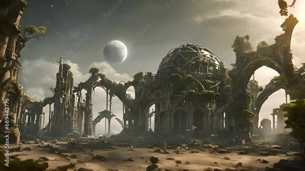 abandoned ruins alien city stand sentinel against starry sky, massive ...