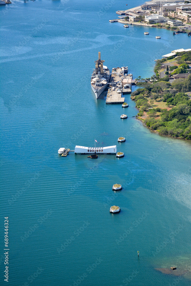 Aerial view of the USS Arizona war memorial with the USS Missouri ...
