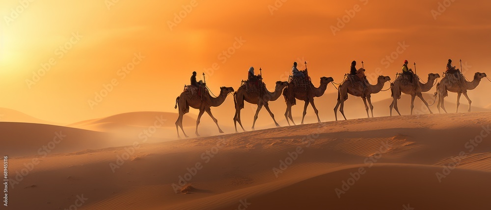 Caravan of camels with riders traversing sand dunes at sunset. Adventure travel Stock Photo ...