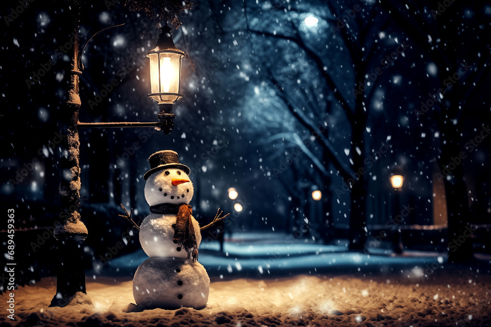 Snow man stand alone on the street in dark night winter, without people ...