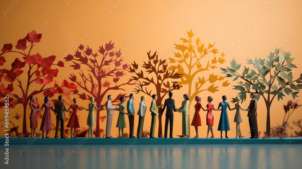 Cut-out paper figures holding hands in front of stylized paper trees in ...