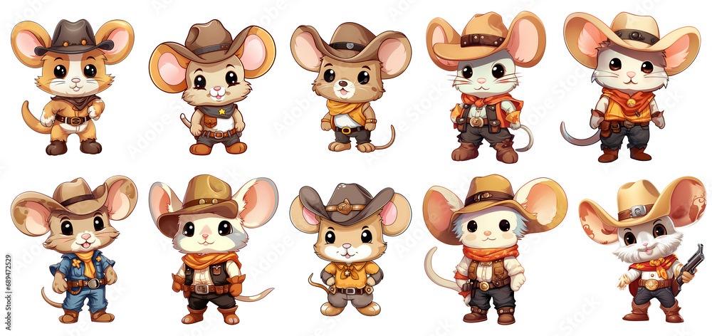 set of cute Cowboy Mice Clipart Sticker on transparent Background ...