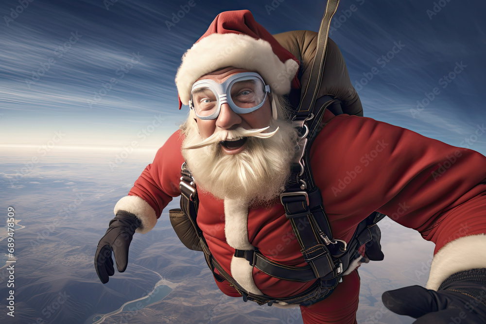 Fantasy art of Santa Claus skydiving, bungee jumping, parachute ...