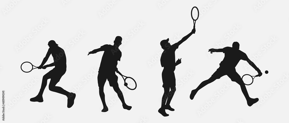set of male tennis players silhouettes. various different poses ...