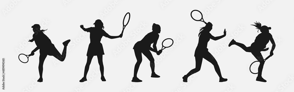 set of female tennis players silhouettes. various different poses ...