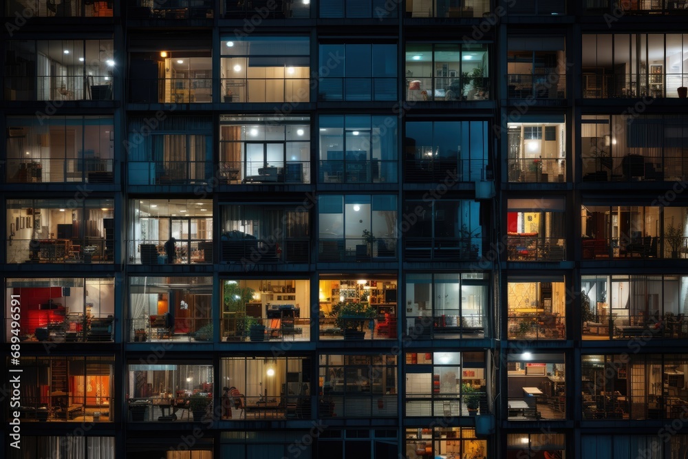 Reflection of buildings in windows of modern office building at night ...