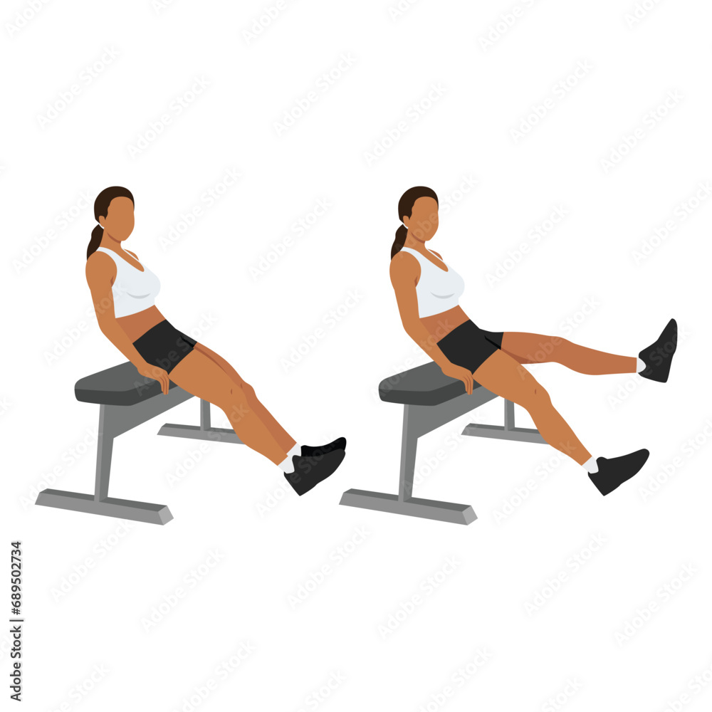 Woman doing seated bench extended flutter kicks exercise. Flat vector ...