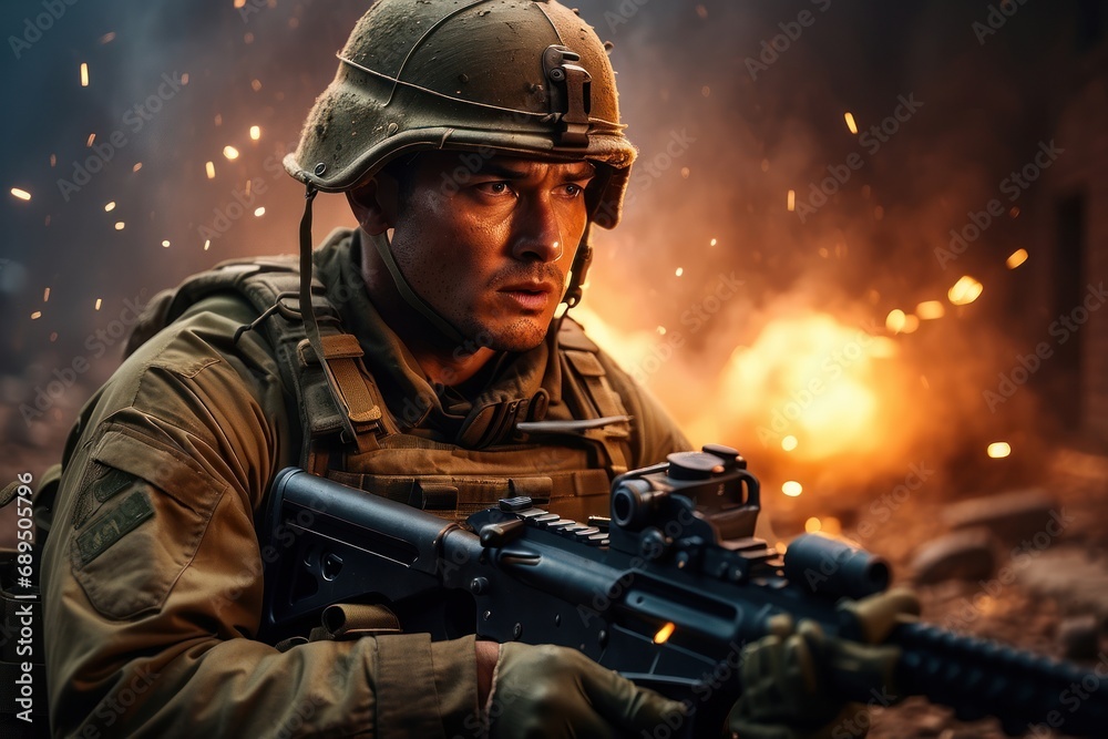 Brave soldiers carry guns in the fierce battlefield. Stock Illustration ...