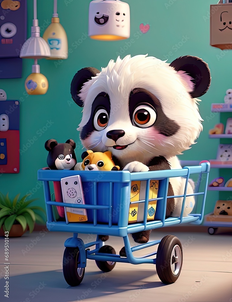 cartoon panda bear in a shopping cart with stuffed animals Stock Photo ...