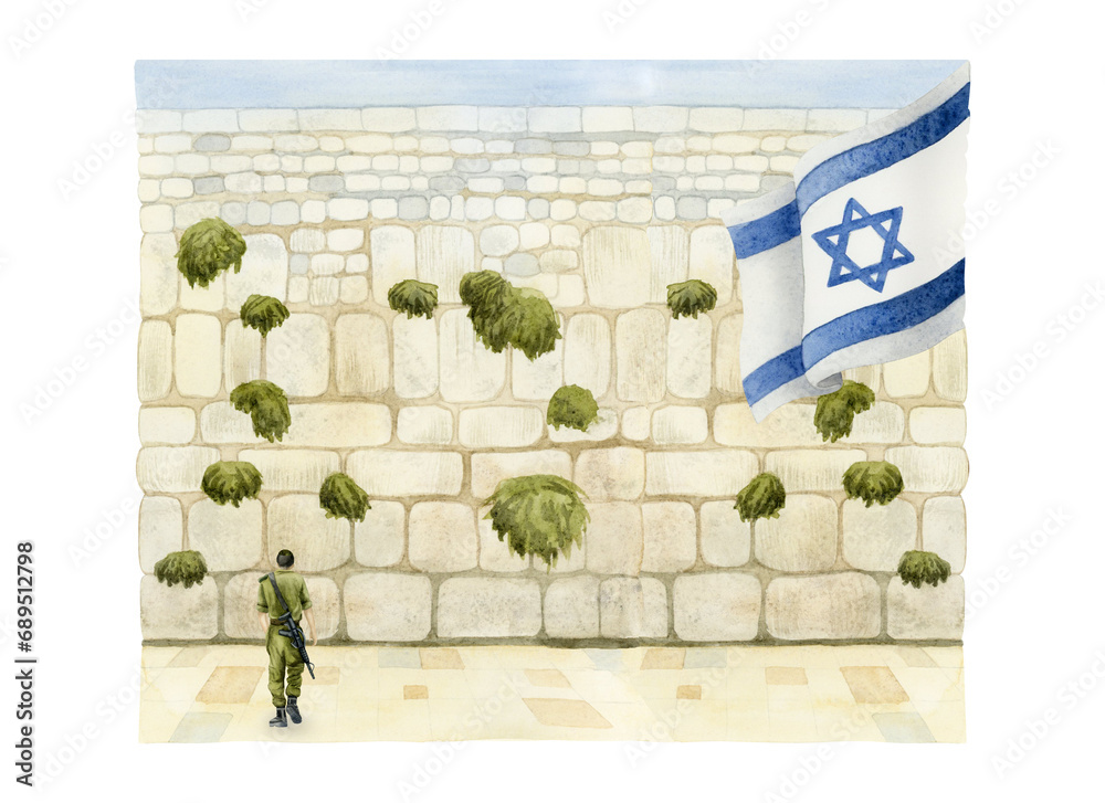 Western Wall with Israel soldier and flag sight in old city of ...