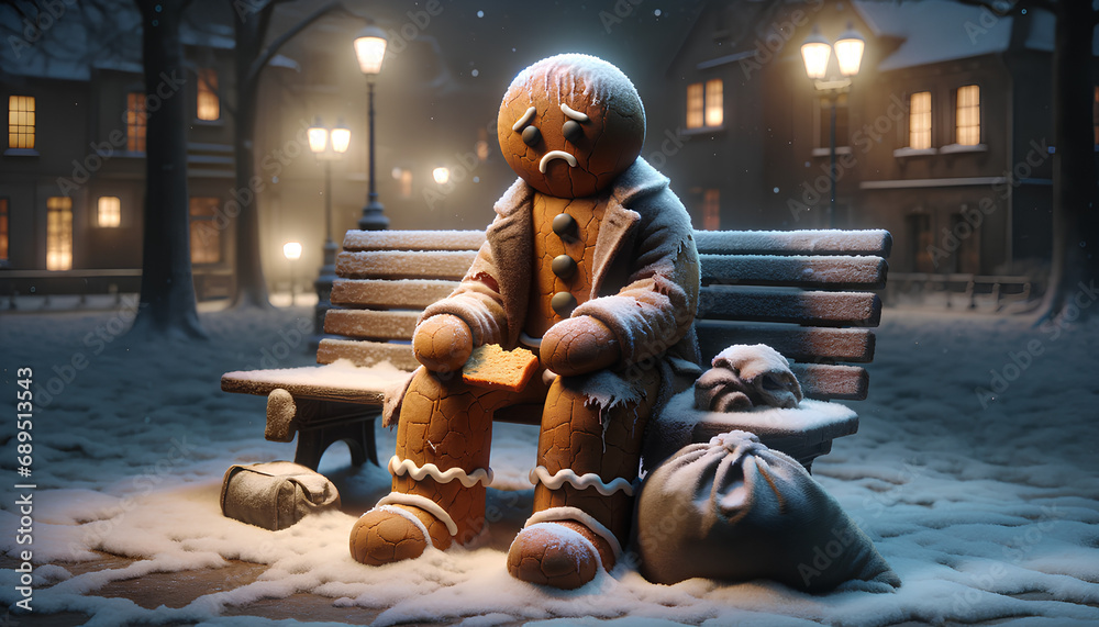 gingerbread man with a sad expression, wearing a worn coat and hat ...