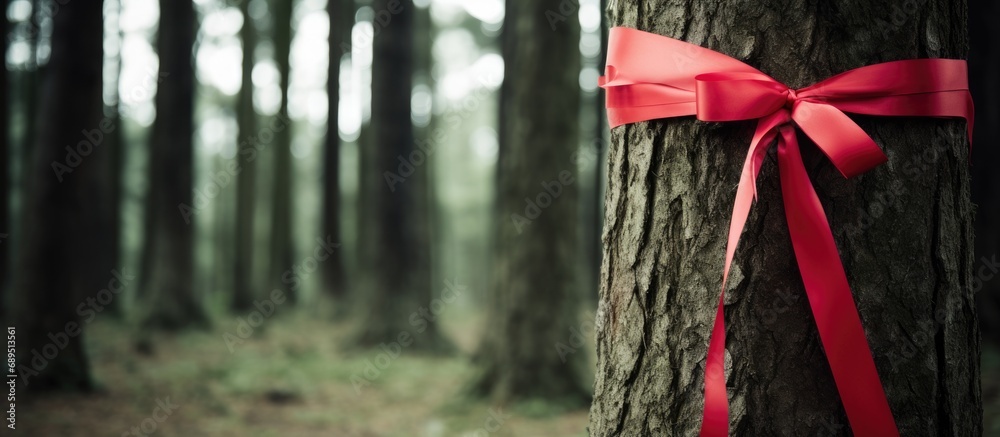 Red ribbon on a tree that requires felling in the woods. Stock Photo ...