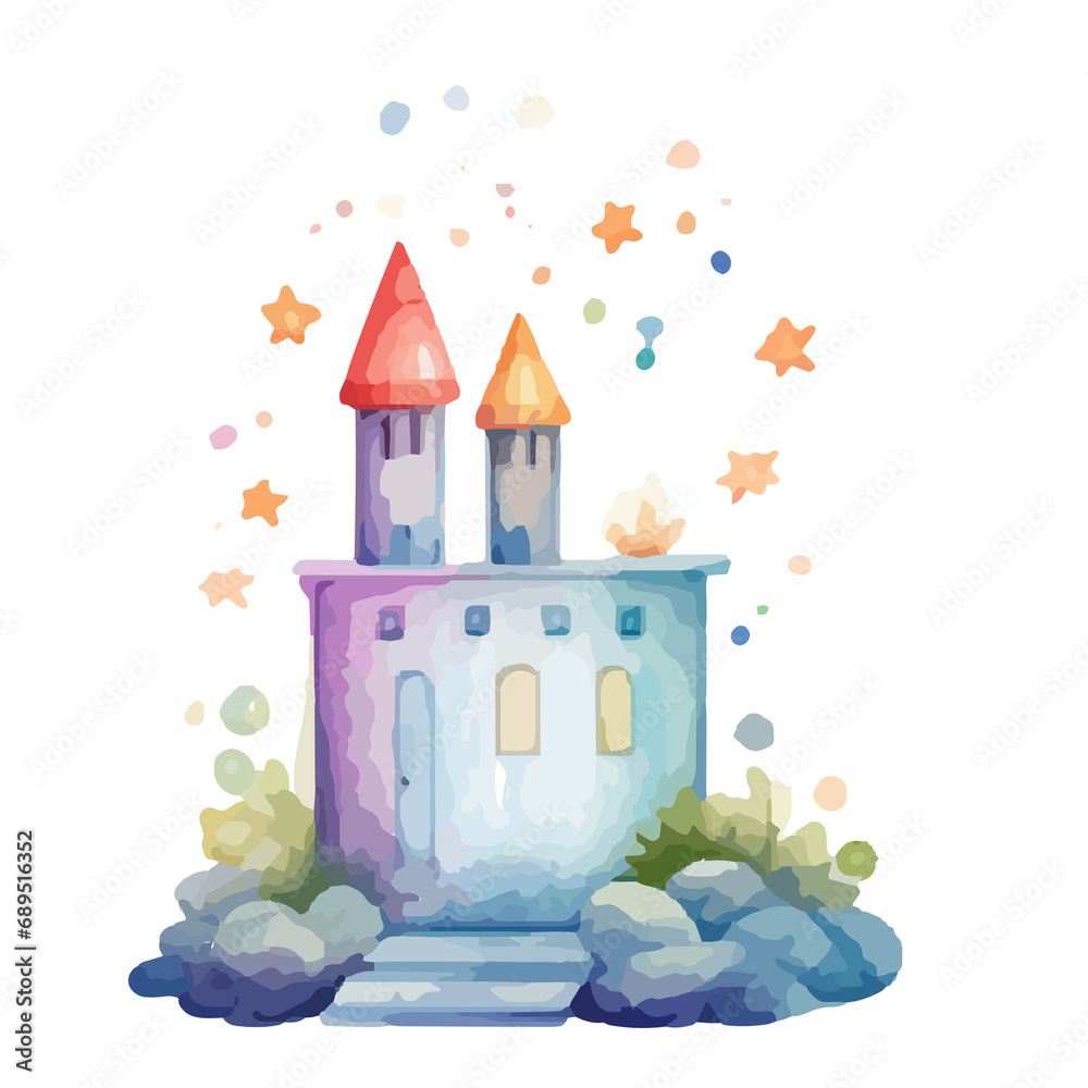 princess magic castle. Hand drawn watercolor fairytale castle. Kids ...