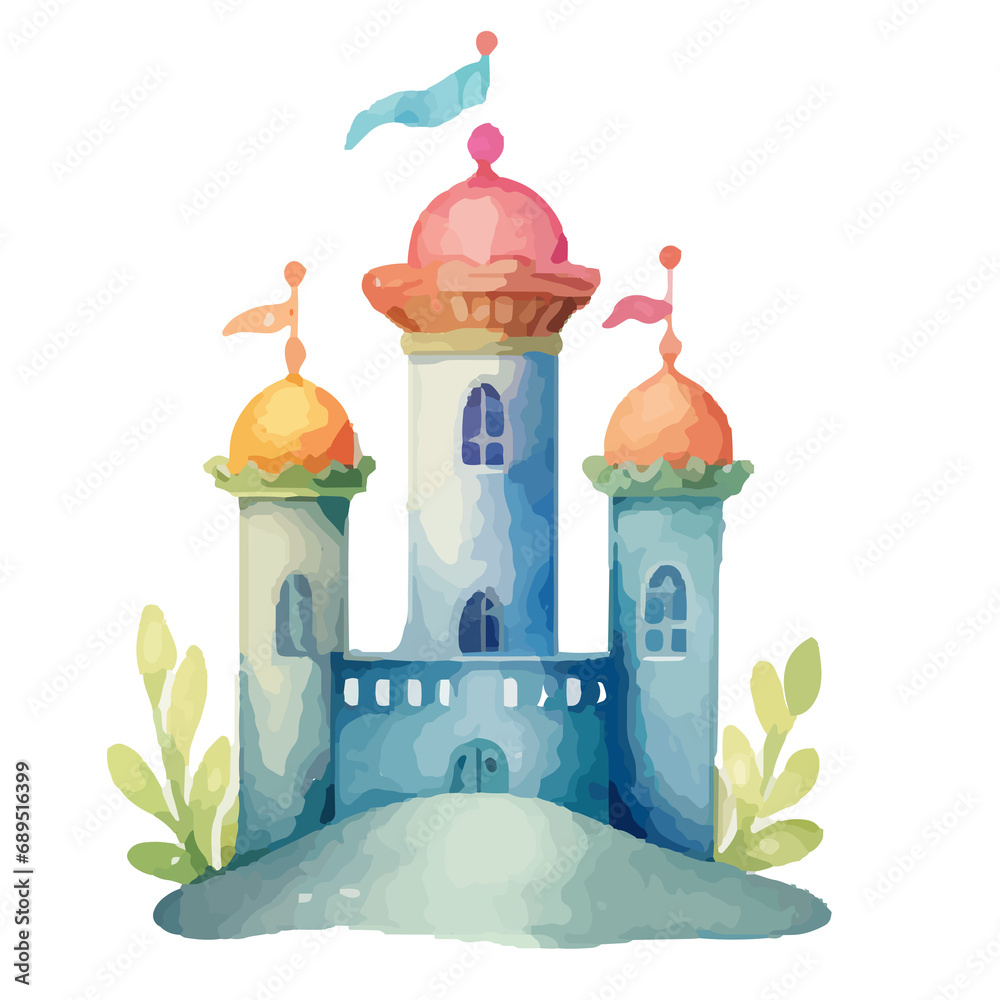princess magic castle. Hand drawn watercolor fairytale castle. Kids ...