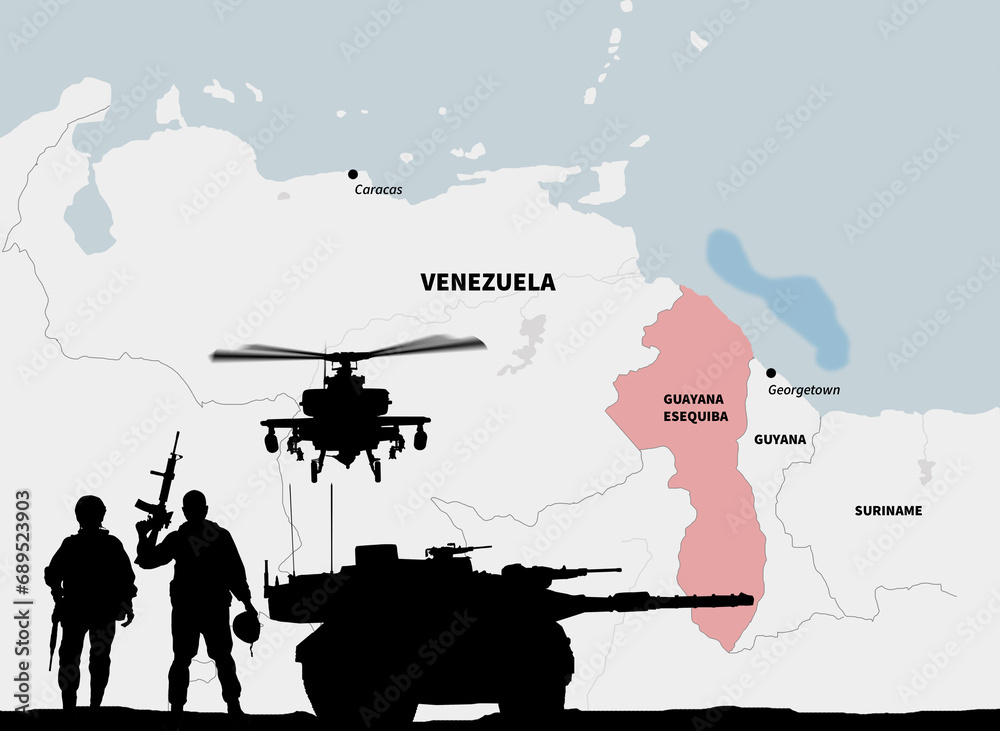 Venezuela and Guyana conflict. Disputed territory. Template for news. 3d illustration. Stock ...