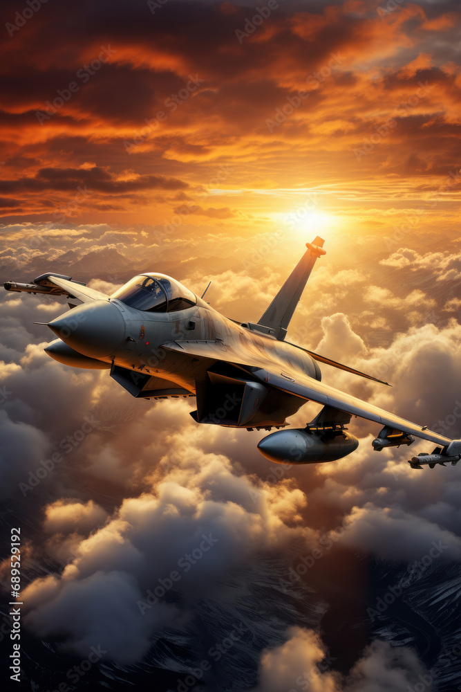 Modern fighter-bomber plane, flying above the clouds. Generative AI ...