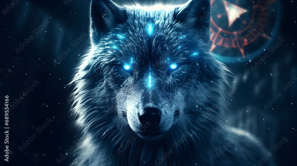 White wolf in deep space with stars and nebula. White wolf with blue ...