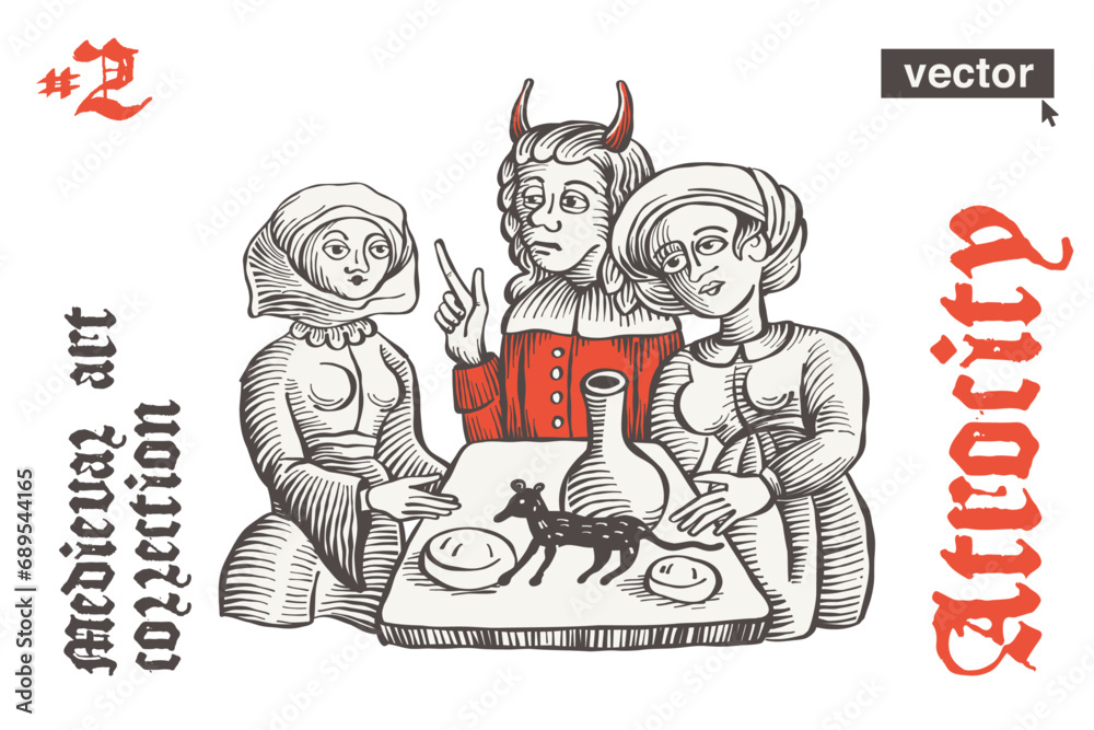 Witches with devil cooking potion with rat. Vector engraving style ...