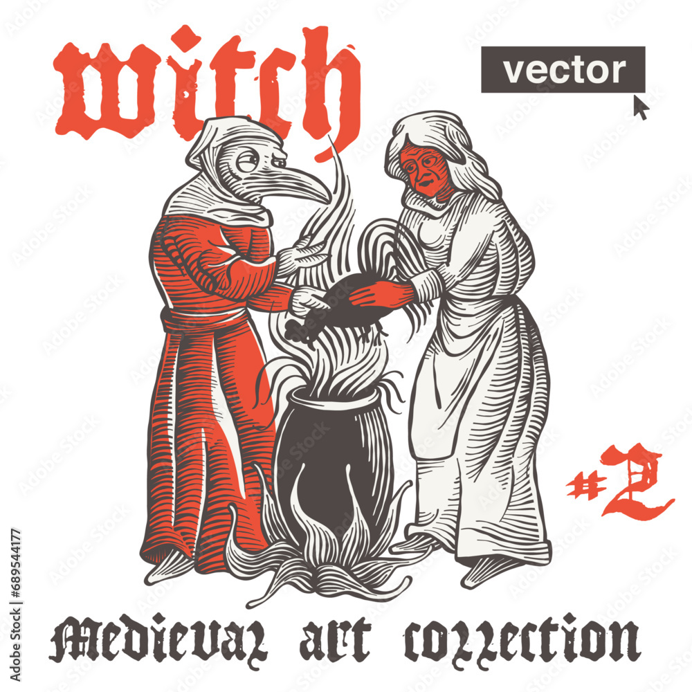 Witch and plague doctor cooking potion with black rooster in cauldron ...