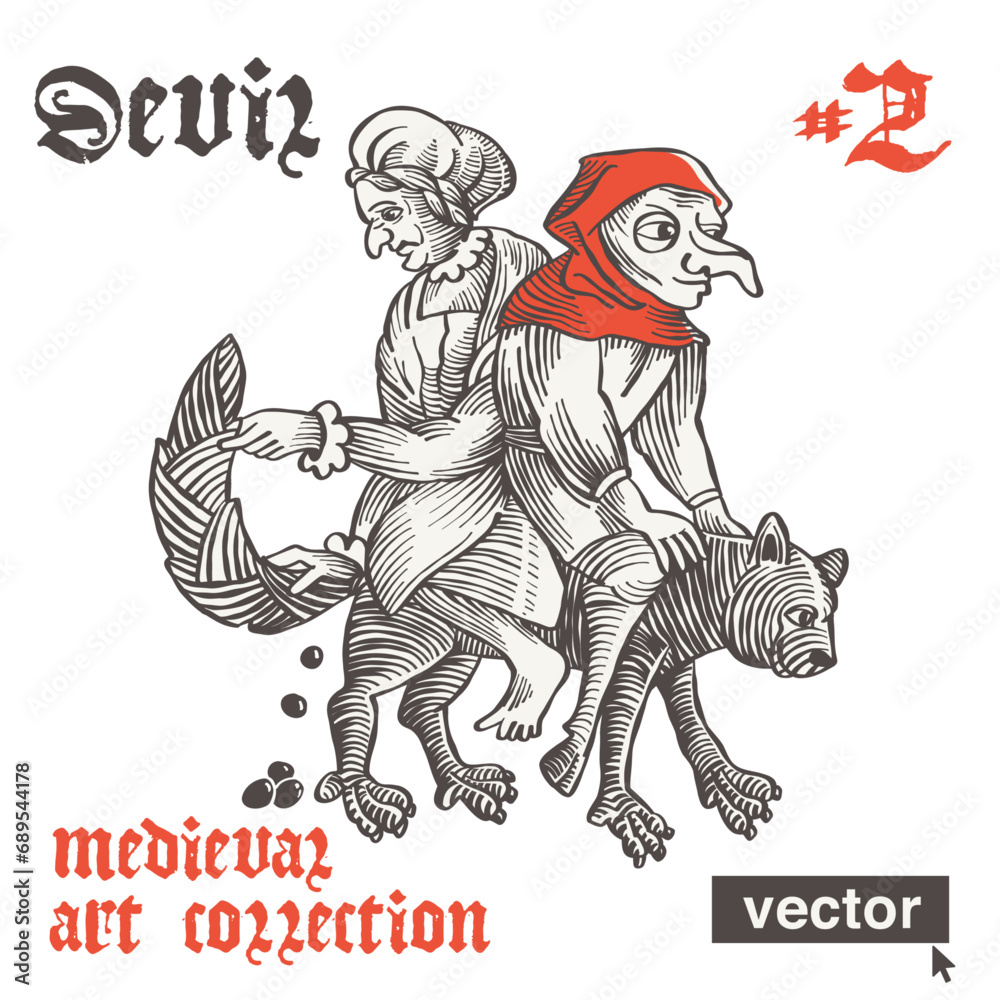 Witch with devil riding on a black cat. Vector engraving style ...