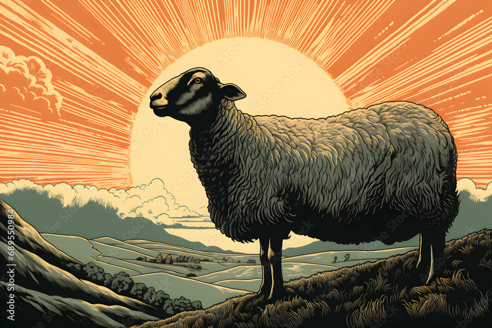 sheep on a hill stock image, in the style of vintage poster design ...