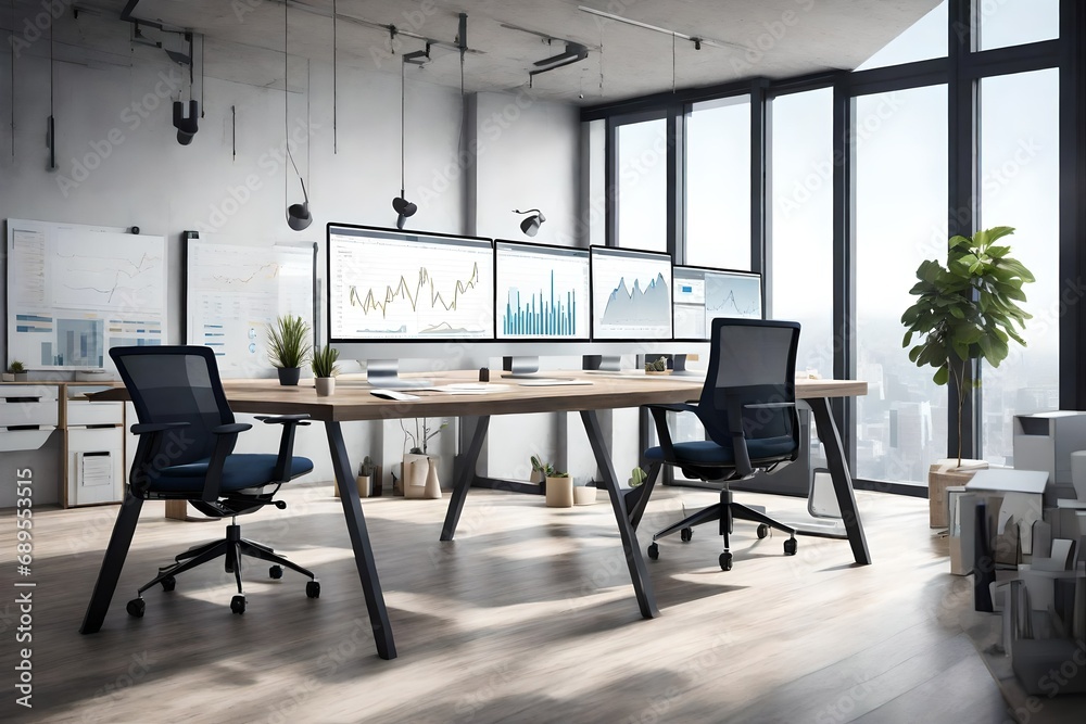 A modern office setup with a dual monitor workstation showcasing ...