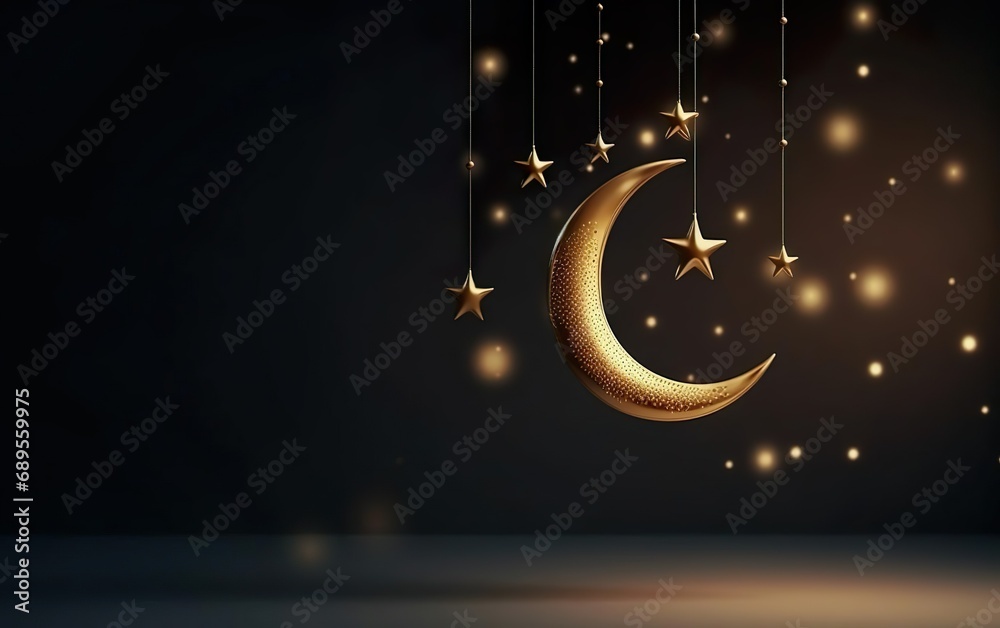 Happy Ramadan poster, copy space at the left. Golden sophisticated moon ...
