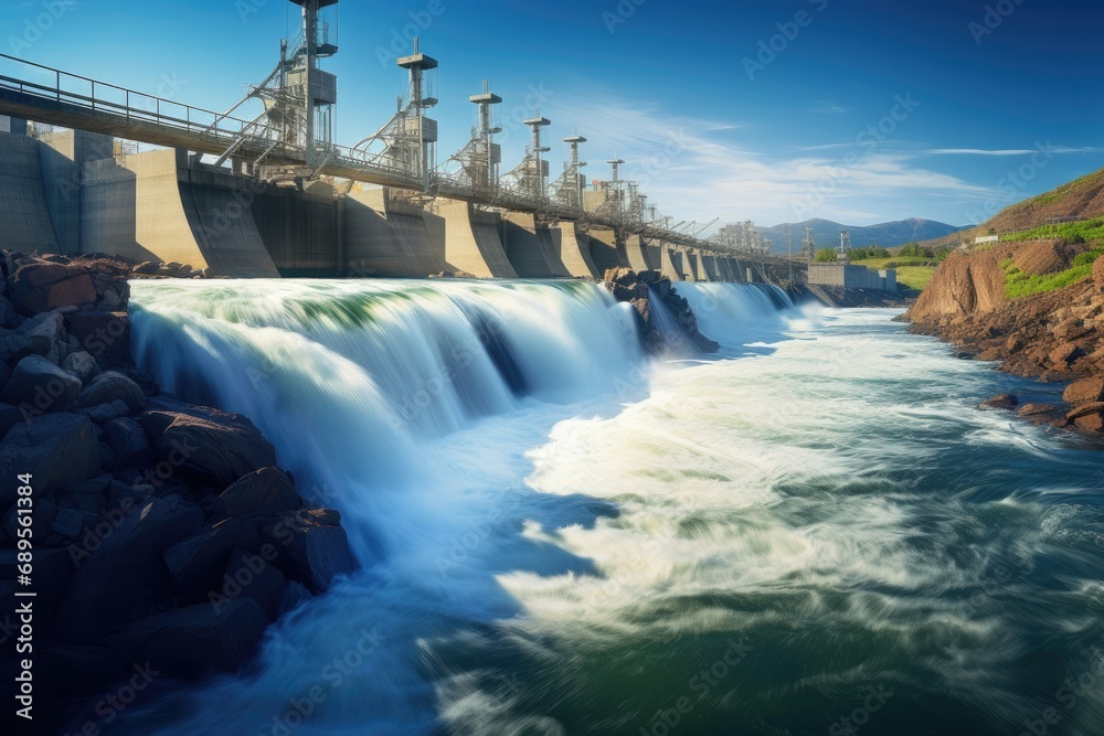 Hydroelectric power station on sunny day with flowing water. Renewable ...