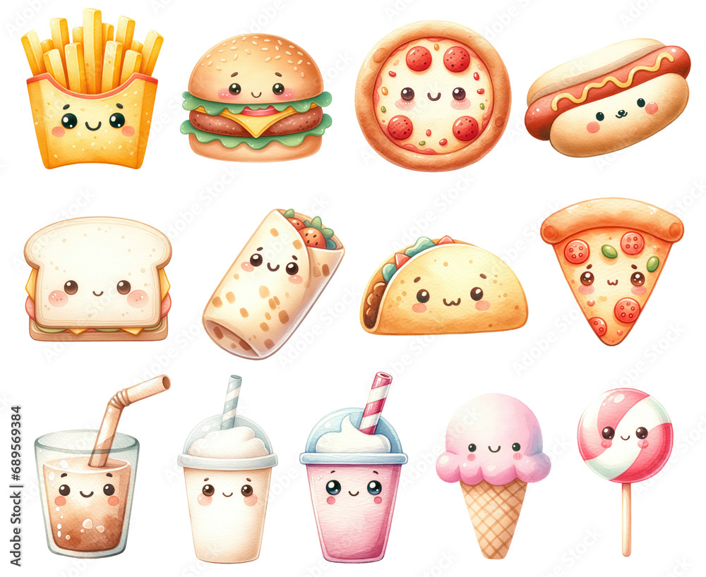 Watercolor Cute Junk Foods Set. Set of Adorable Unhealthy Foods Clipart ...