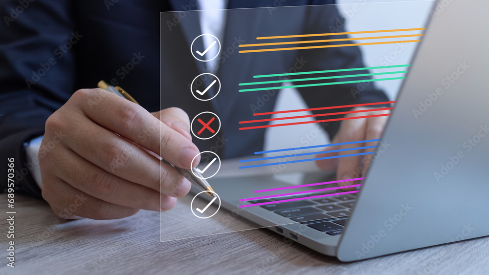 Businessman tick check correct mark to Standardization Quality ...