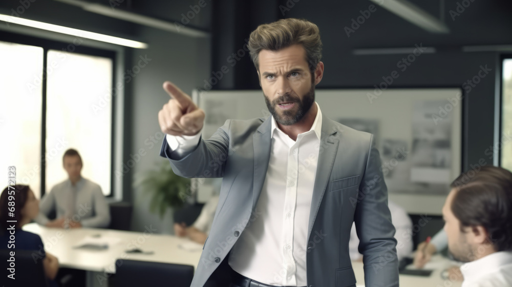 Man manager wearing a suit get angry in office meeting room pointing ...