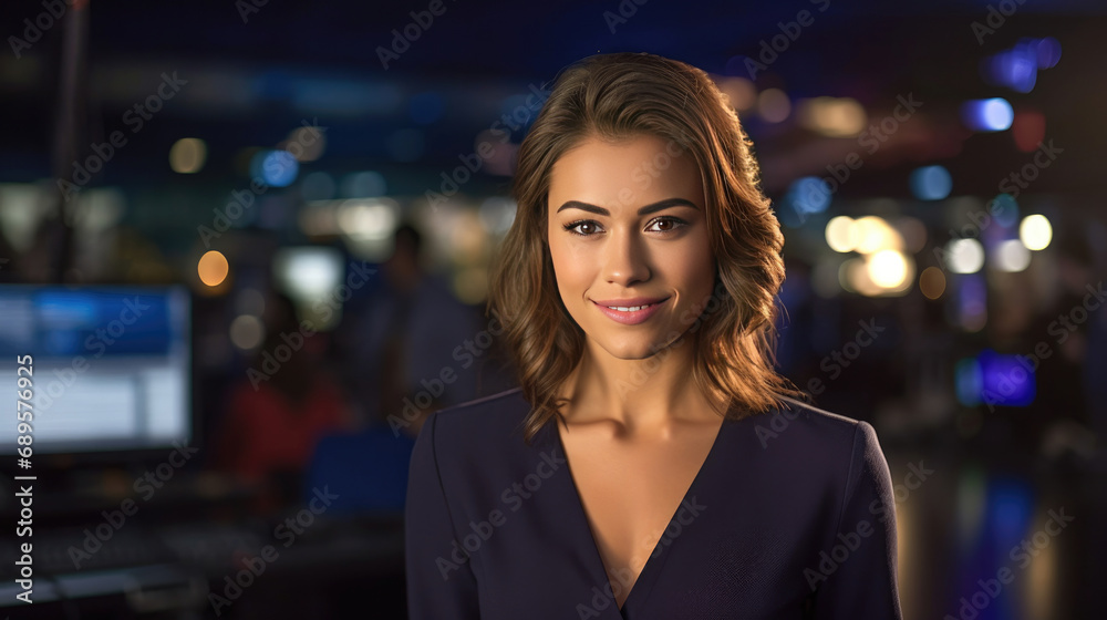 Beautiful female TV news anchor in news studio Stock Photo | Adobe Stock