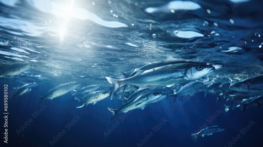 A large group of Sardines fish swimming in the ocean. Suitable for ...